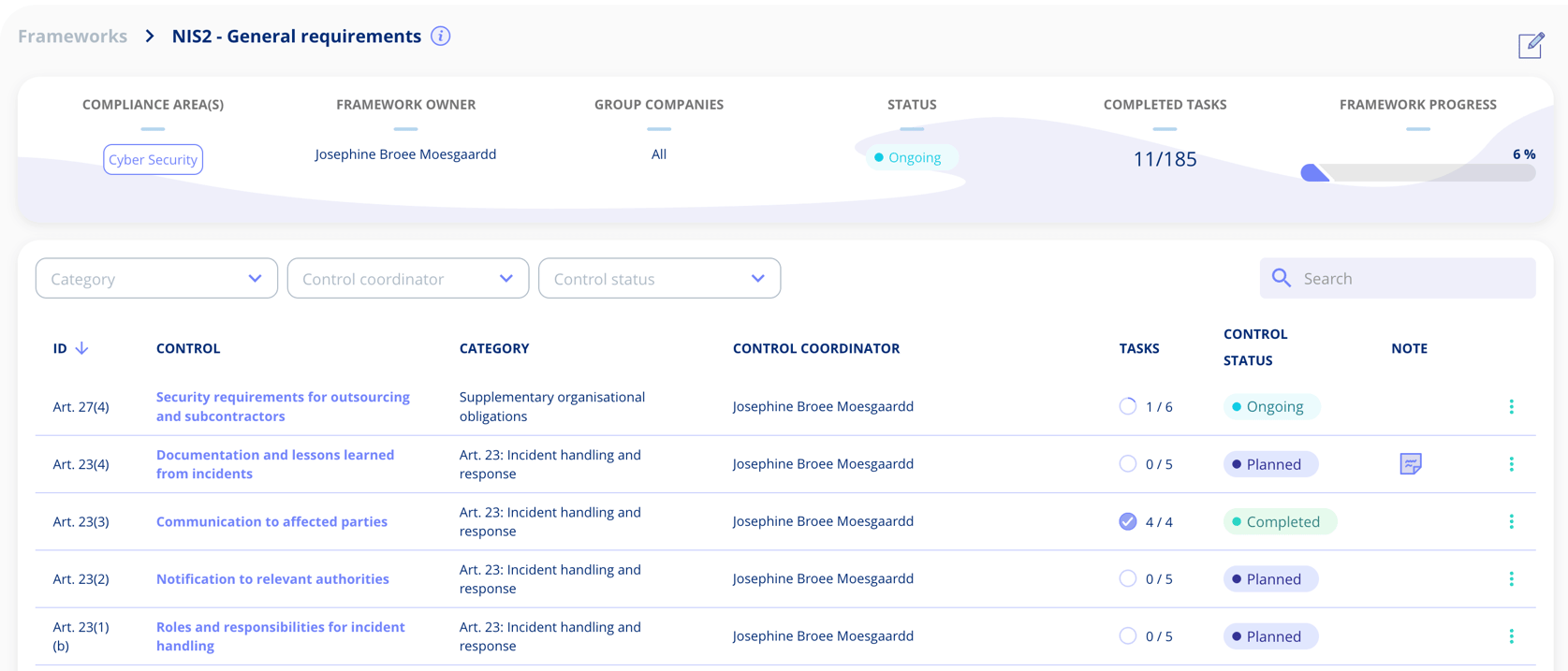 Viewing and managing control within a framework